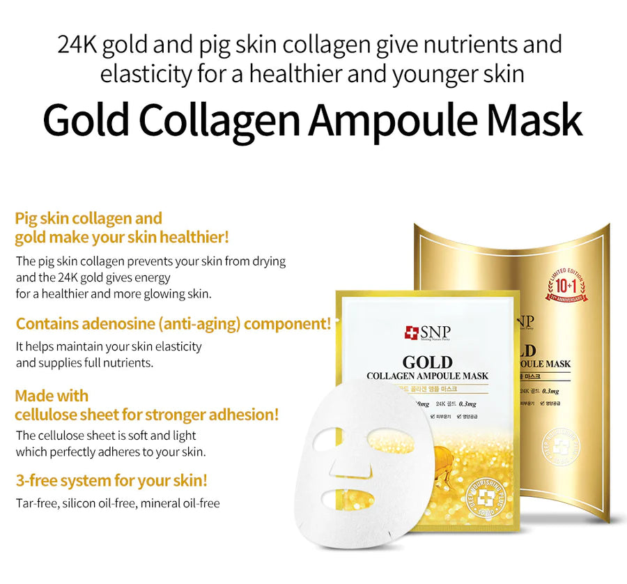 SNP Gold Collagen Ampoule Mask 25ml*10Pcs SNP黄金胶原蛋白精华面膜 | CuteHart